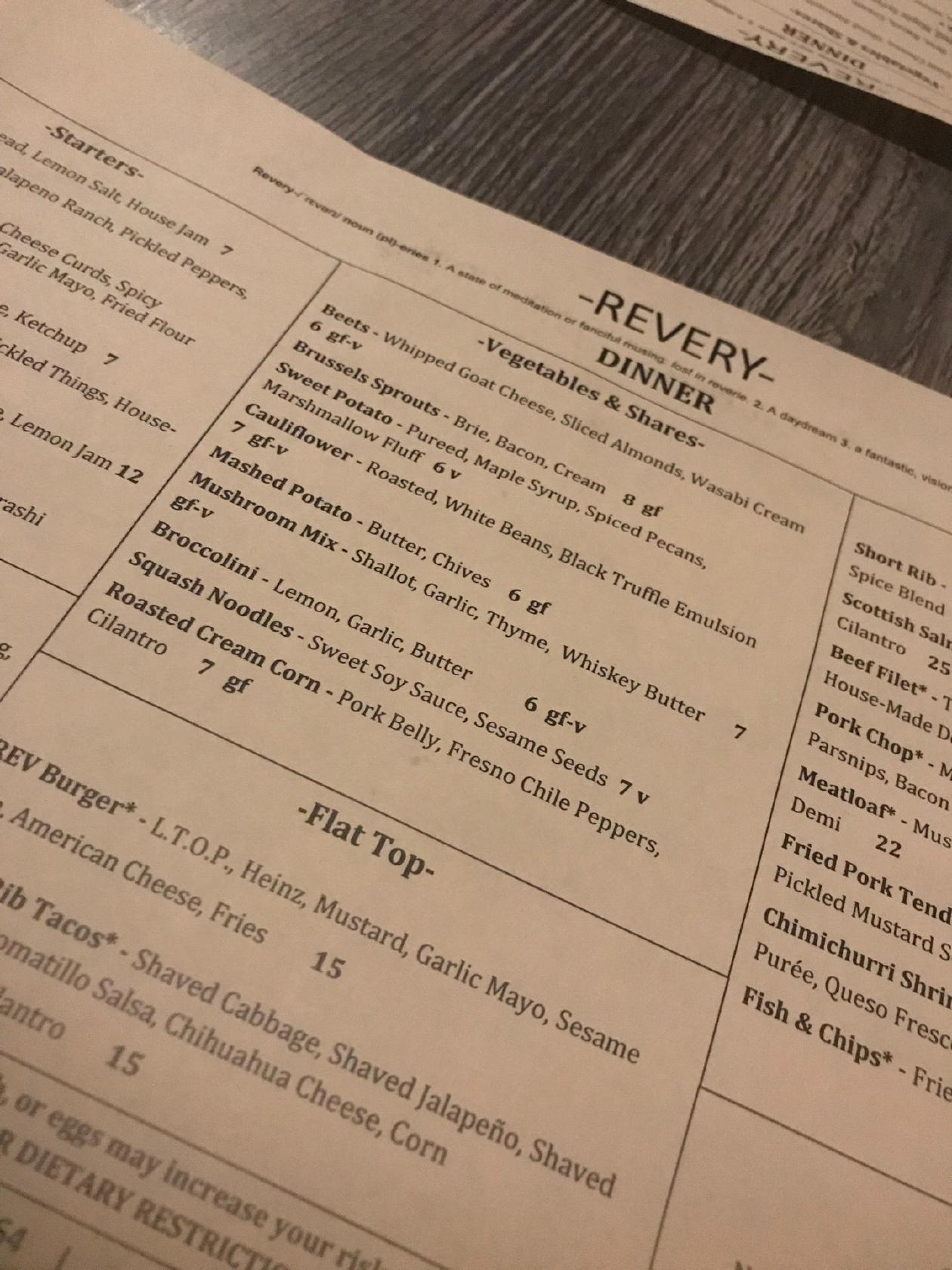 Carta del restaurante Revery, Greenwood