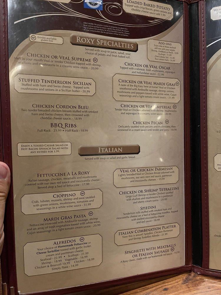 Menu at The Roxy Supper Club, Oshkosh