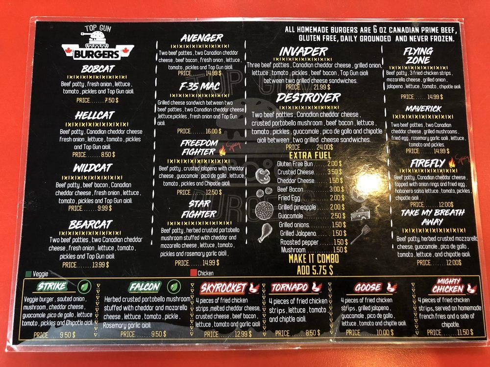 Menu at Top Gun Burger steakhouse, Toronto, Lawrence Ave E