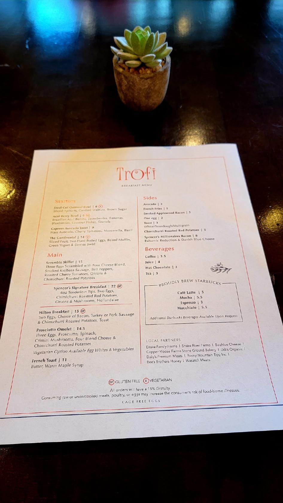 Menu at Trofi restaurant, Salt Lake City