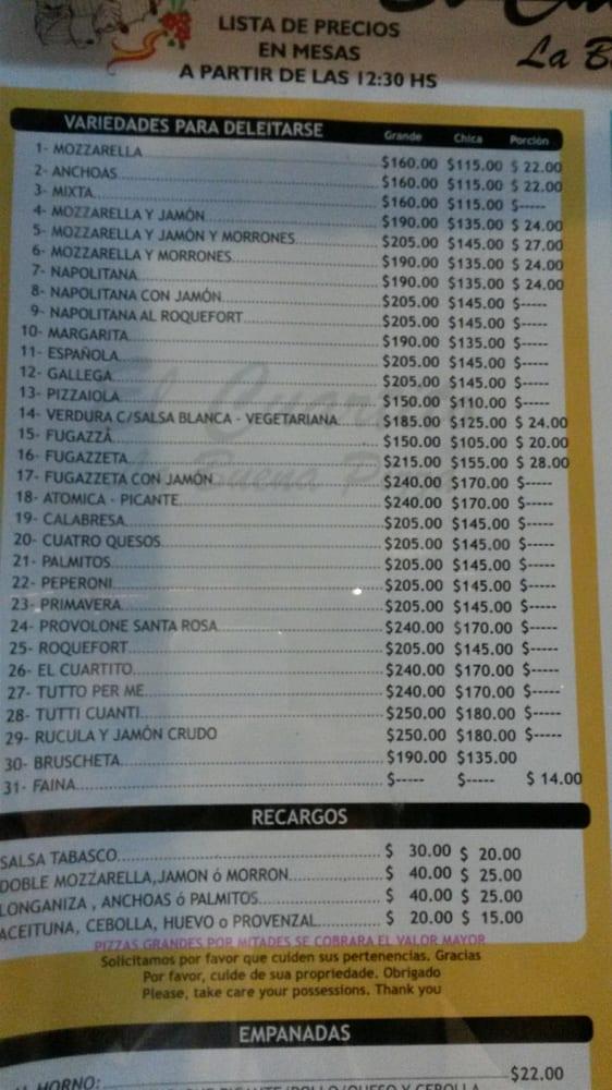 Carta de pizzería El Cuartito, Buenos Aires, Talcahuano 937