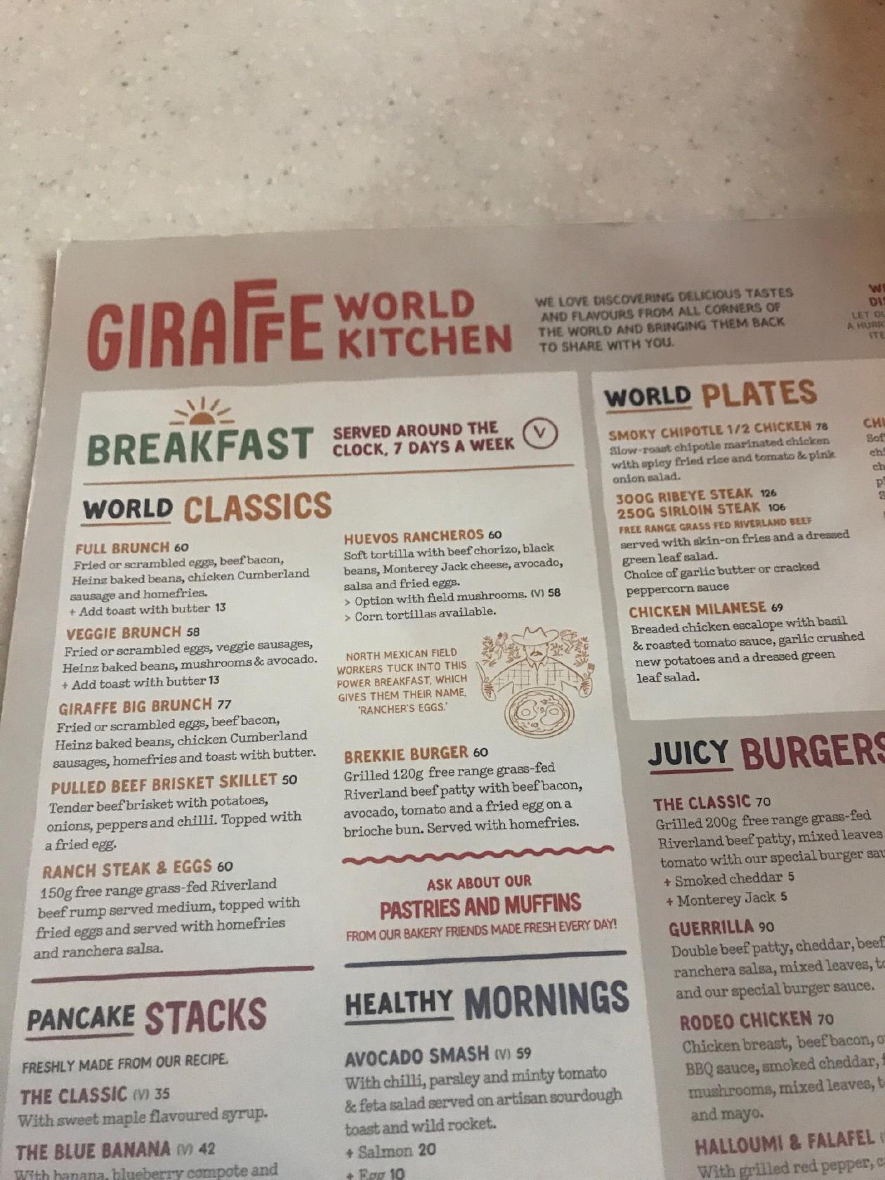 Menu at Giraffe World Kitchen restaurant, Dubai, Terminal 3