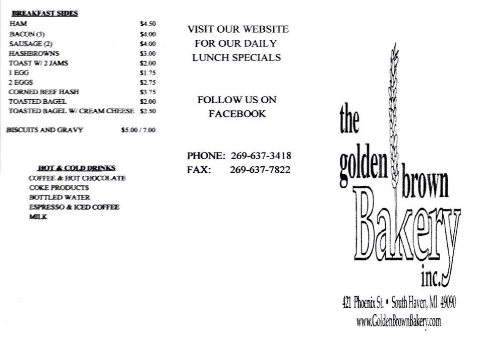 Menu at Golden Brown Bakery, Inc., South Haven