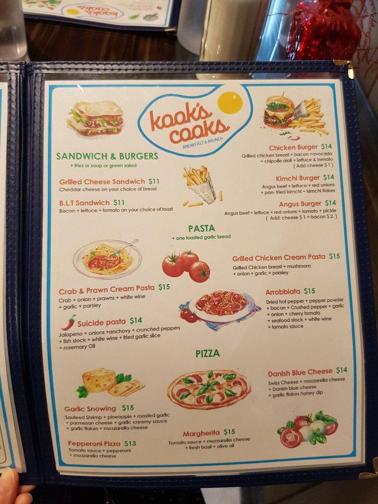 Menu at Kook's Cooks pizzeria, Coquitlam