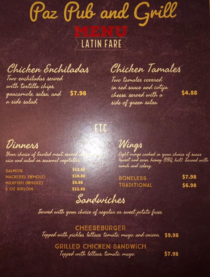 Menu at Paz Pub & Grill LLC, Big Rapids