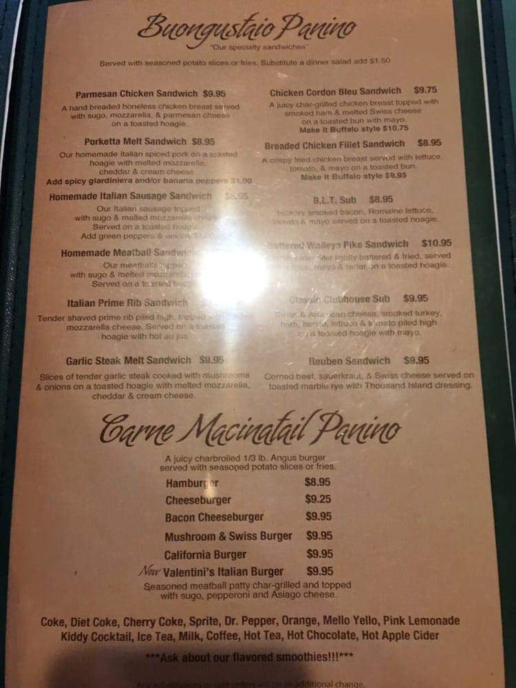 Menu at Valentini's Supper Club, Chisholm