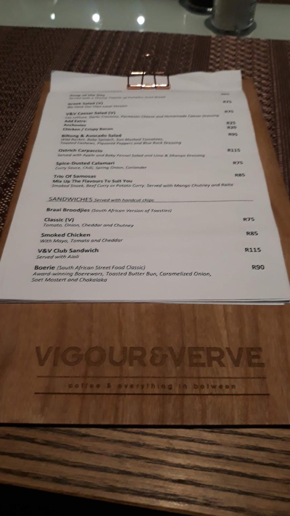 Menu at Vigour & Verve Cape Town restaurant, Cape Town
