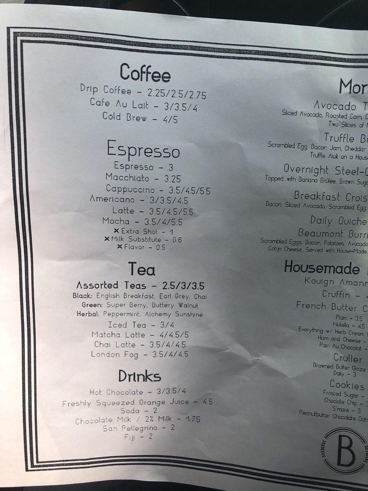 Menu at Beaumont Bakery & Cafe, Salt Lake City