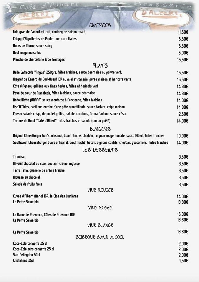 Menu at Café d'Albert, Paris, 117 Rue Ordener