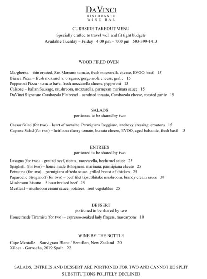 Menu at DaVinci Ristorante pub & bar, Salem