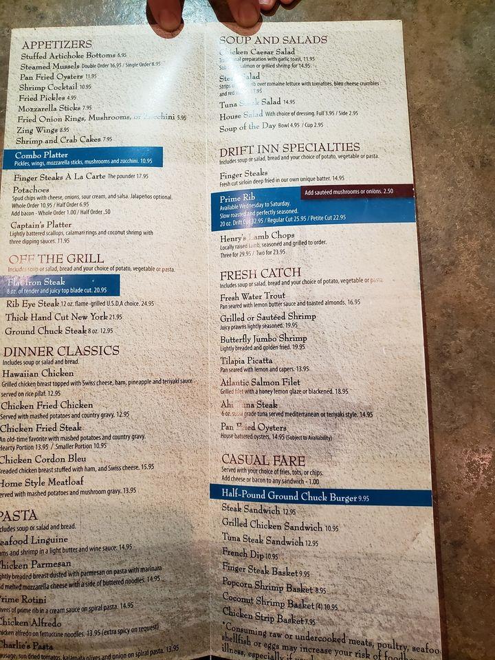 Menu at Drift Inn restaurant, Rupert