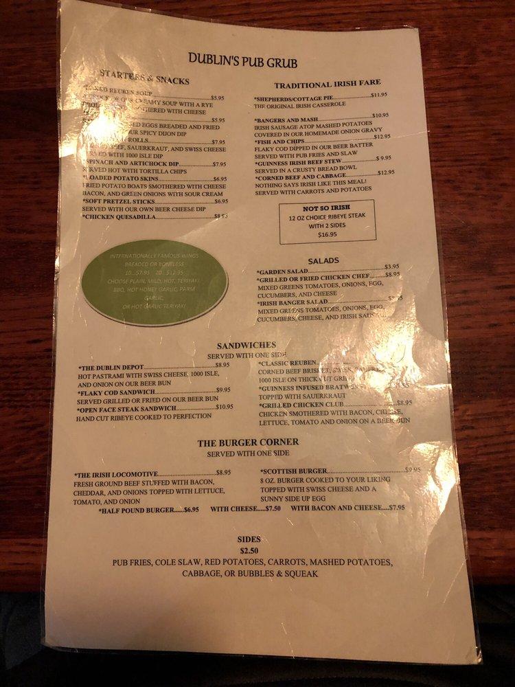 Menu at Dublin's Crossing pub & bar, Crossville