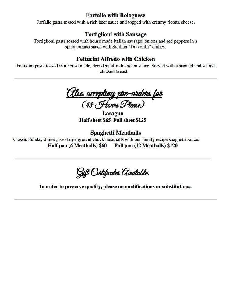 Menu at La Mia Cucina restaurant, Pacific Grove