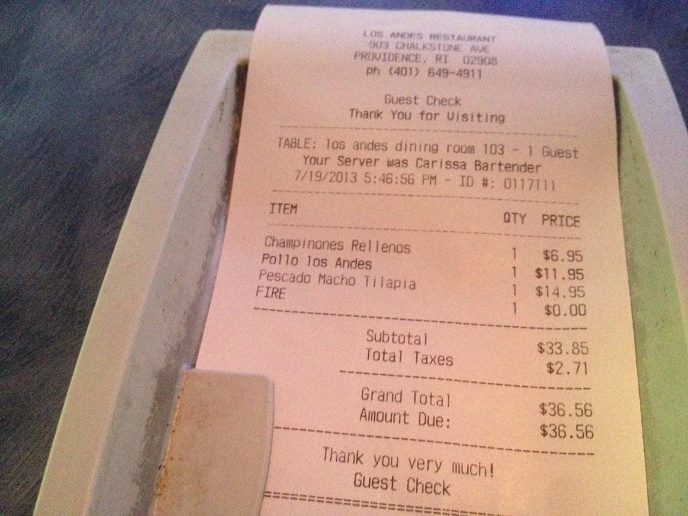 Menu at Los Andes restaurant, Providence