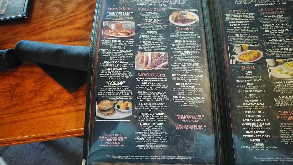Menu at NoNo's Cafe, Littleton, W County Line Rd