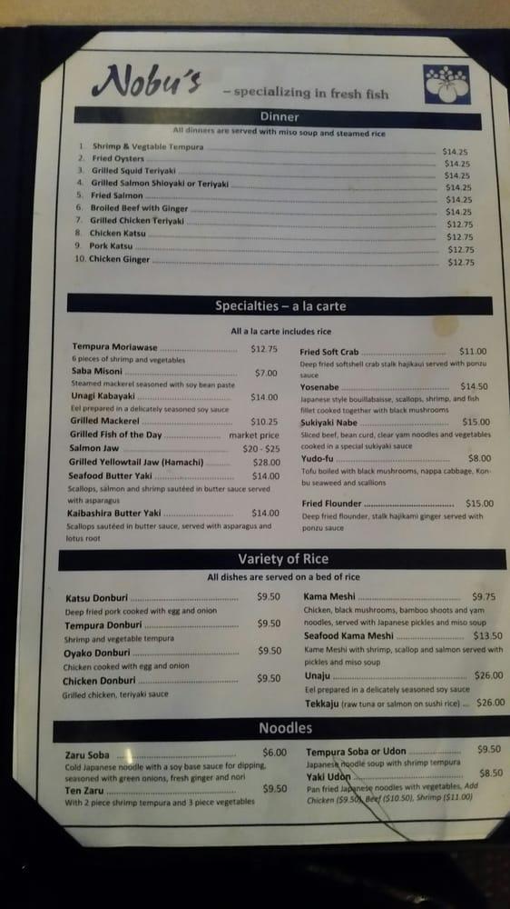 Menu at Nobu's restaurant, Olivette