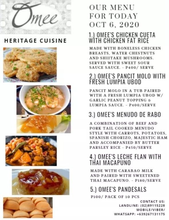 Menu at Omee Heritage Cuisine, Quezon City