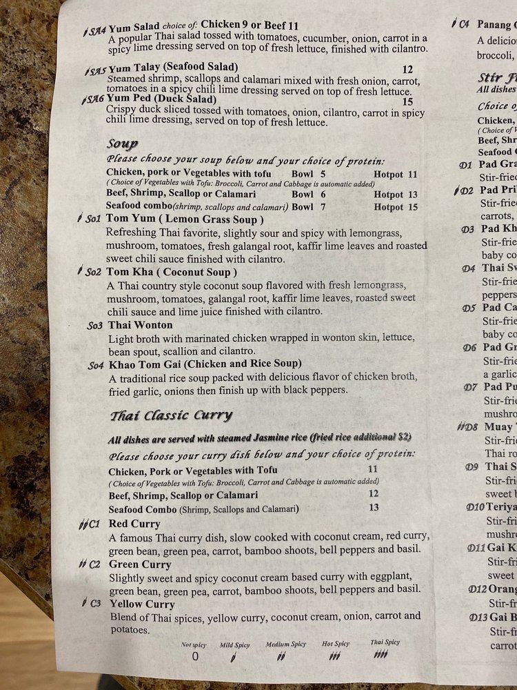 Menu at Prime Thai restaurant, Elkin