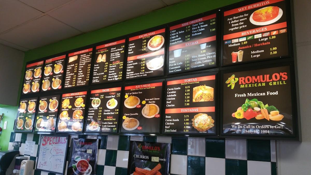 Menu at Romulo's Mexican Grill restaurant, Sutherlin
