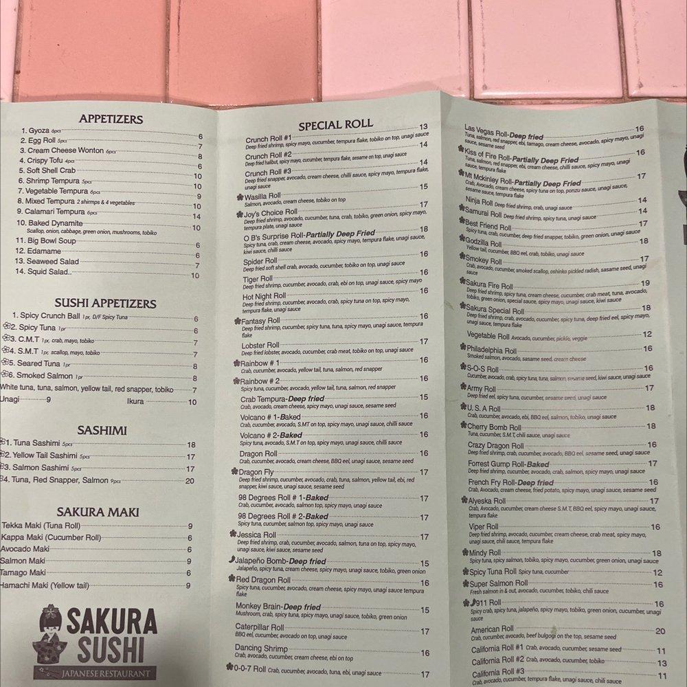Menu at Sakura Sushi restaurant, Wasilla, 991 S Hermon Rd #600