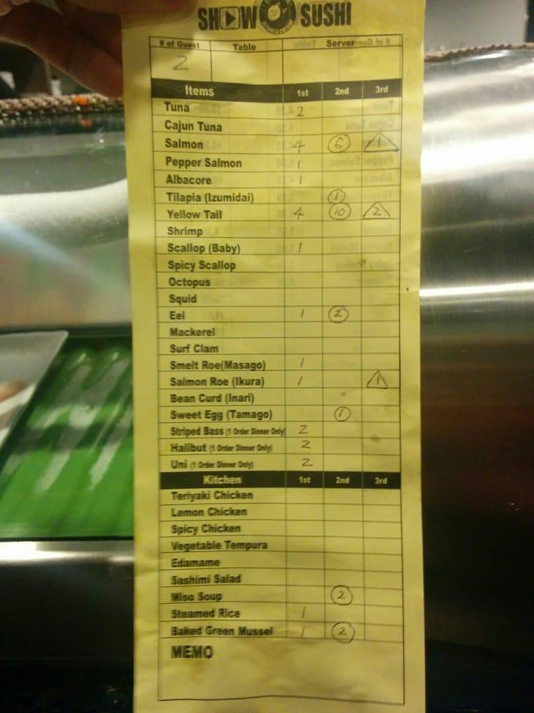 Menu at Show Sushi restaurant, San Dimas