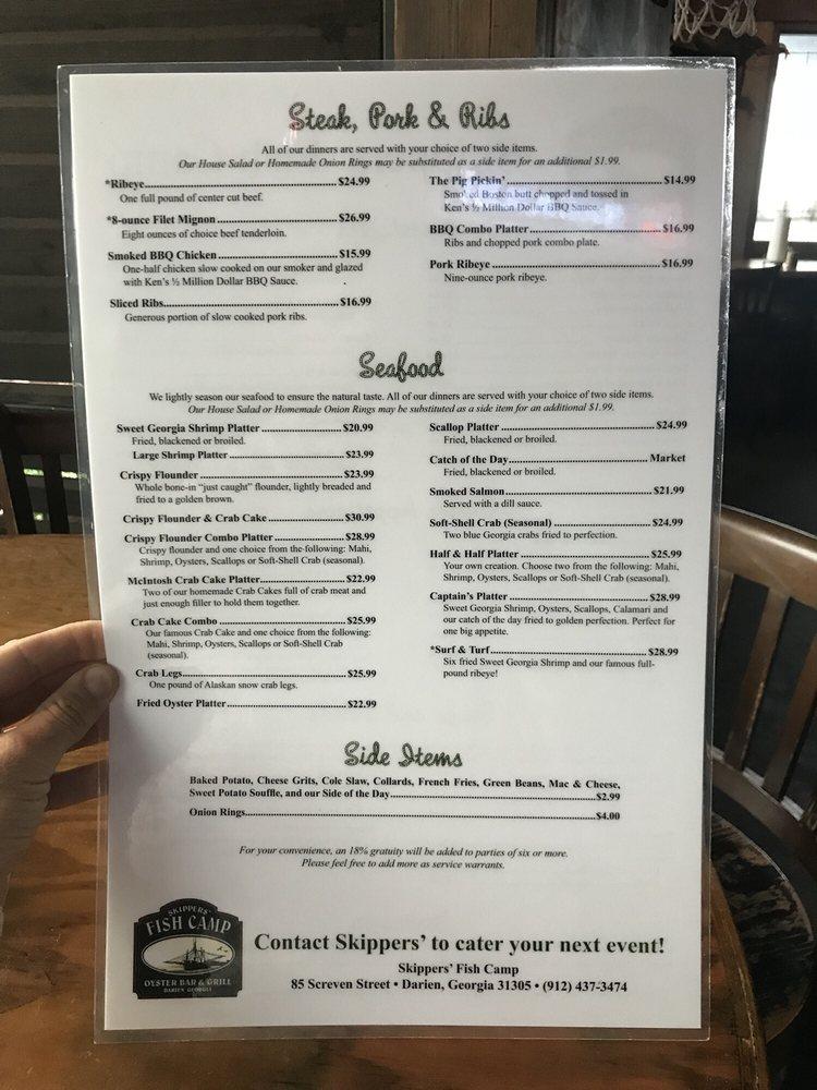 Menu at Skippers’ Fish Camp restaurant, Darien