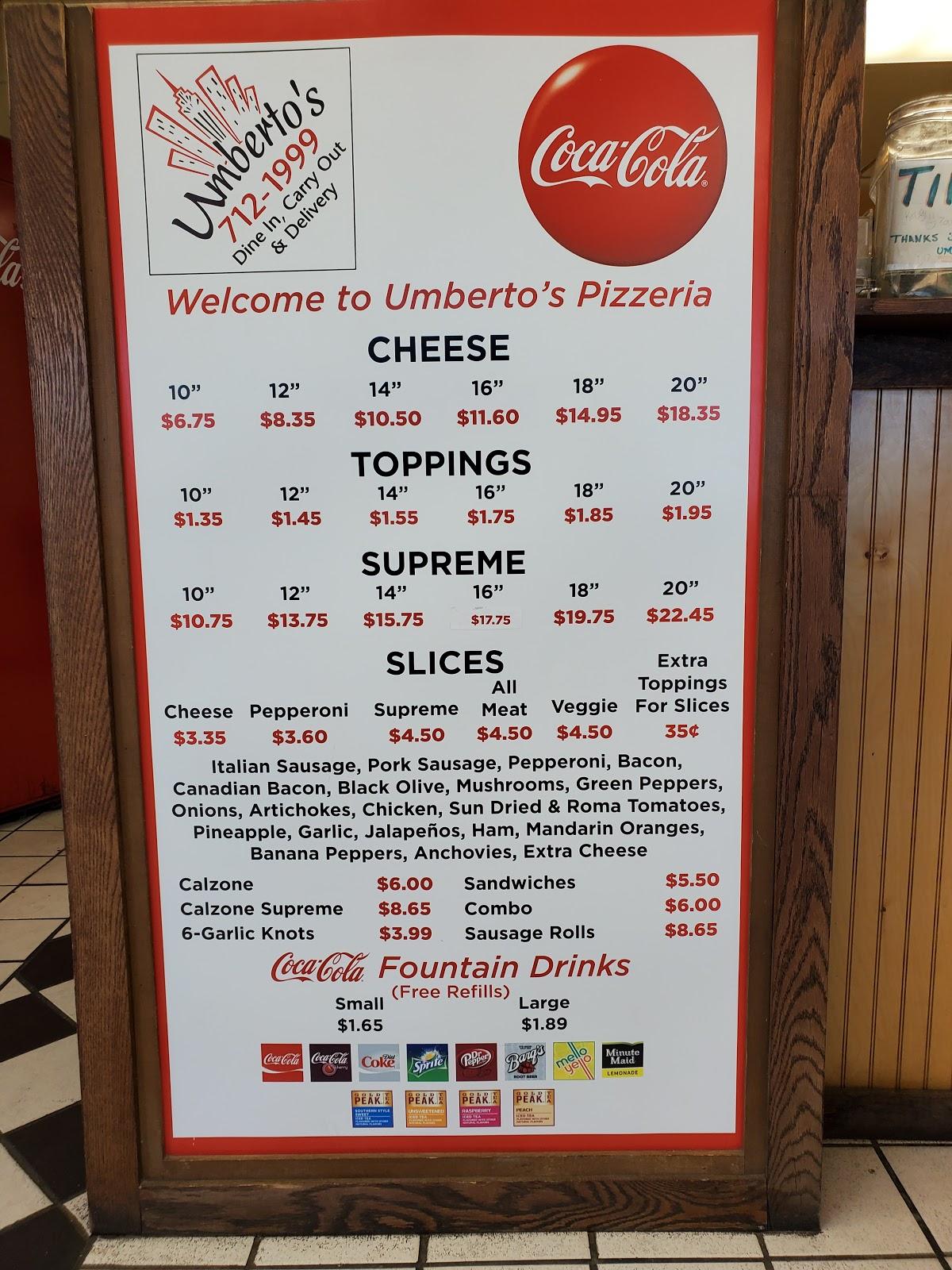 Menu at Umberto's pizzeria, Tulsa, S Harvard Ave