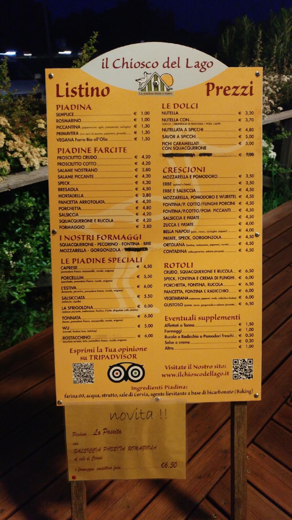 Menu da il chiosco del Lago fast food, Cervia, Via Bova