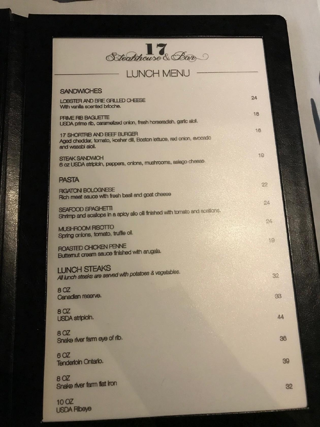 Menu at 17 Steakhouse, Mississauga