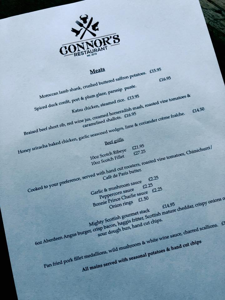 Menu at Connor's restaurant, Portpatrick