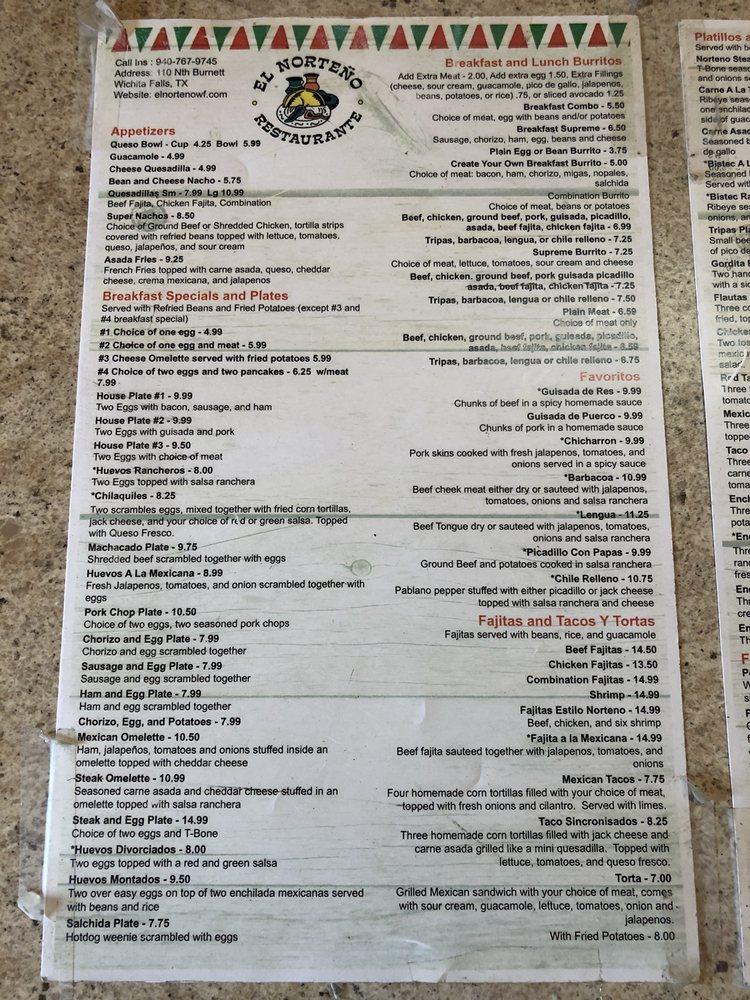 Menu at El Norteño restaurant, Wichita Falls, 110 N Burnett St