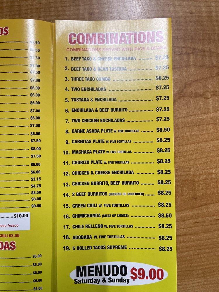 Menu at Gilberto's Taco Shop restaurant, Arlington