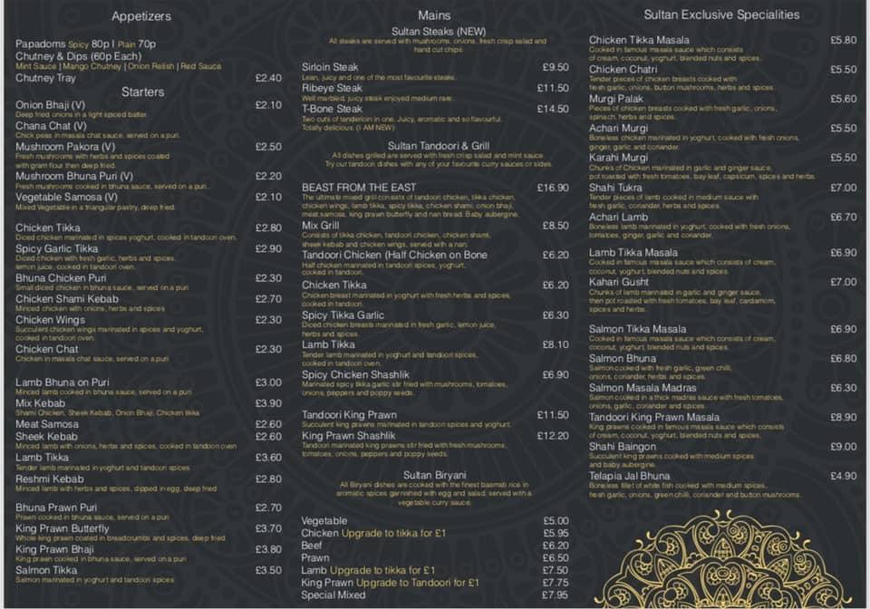 Menu at The Sultan of Jarrow restaurant, Jarrow