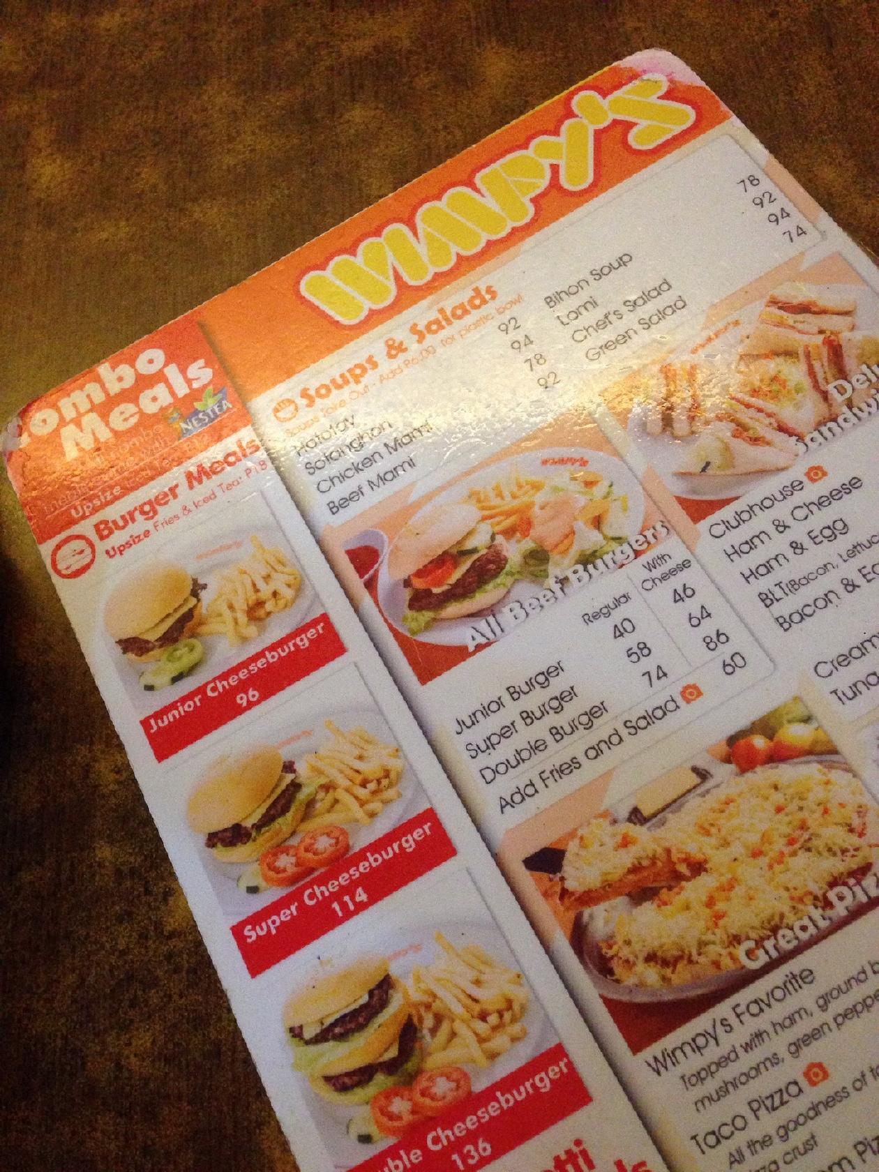 Menu at Wimpy's restaurant, Olongapo, R7HJ+CVR