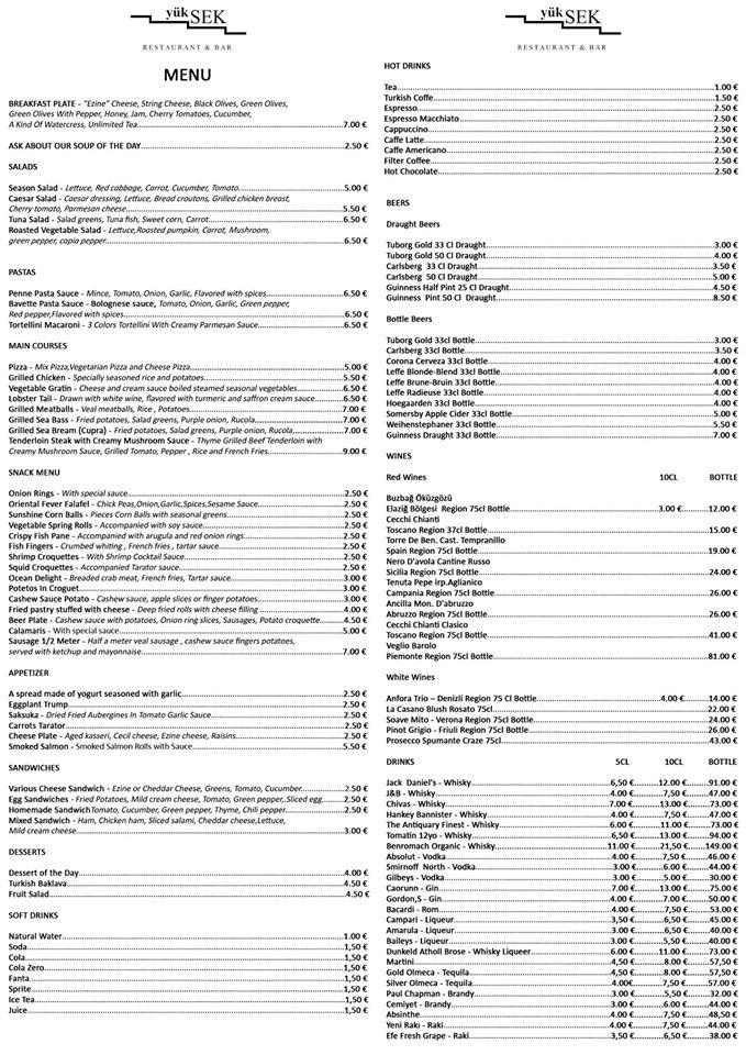Menu at Yüksek Restaurant & Bar, Istanbul