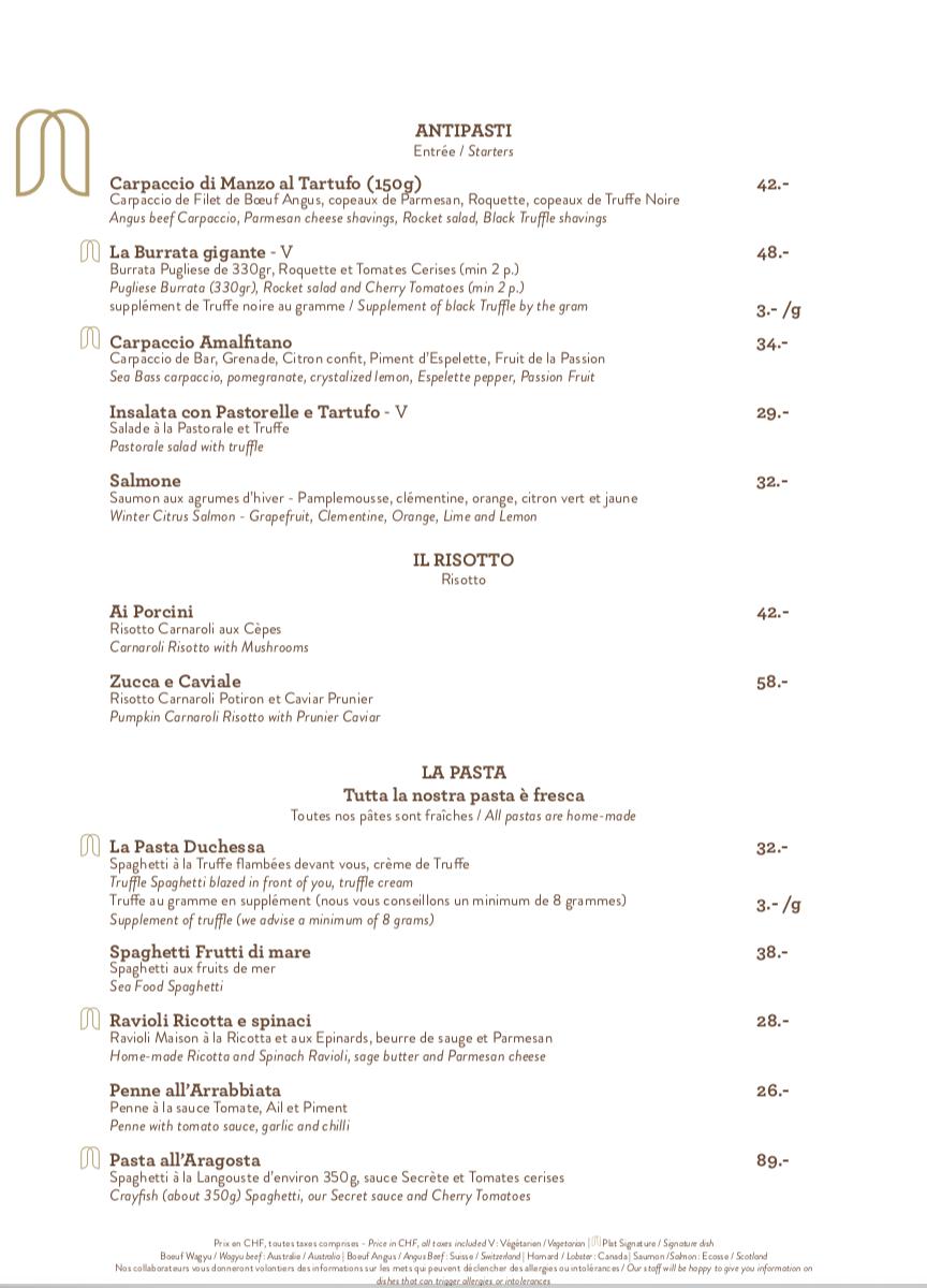 Menu at Duchessa, Gstaad