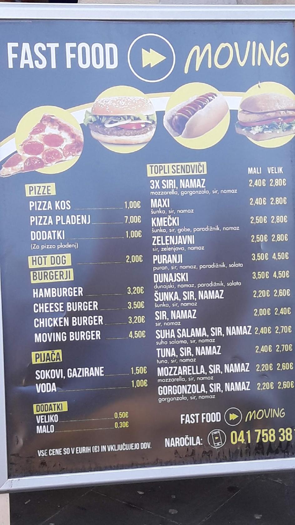 Speisekarte von Fast Food Moving, Koper, Čevljarska ulica 2-6