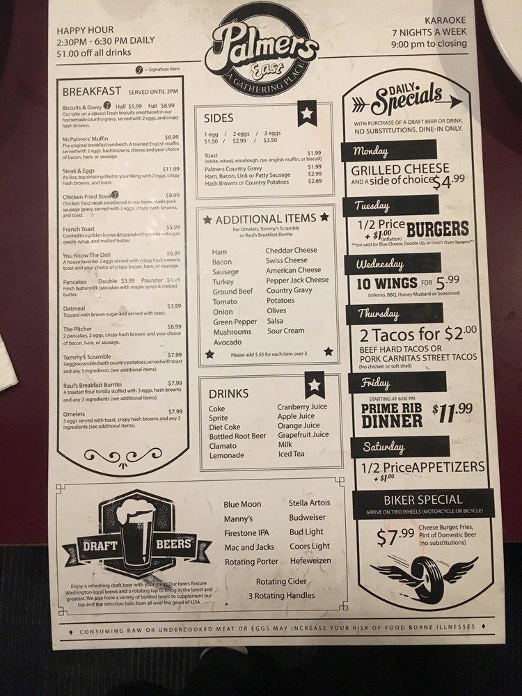 Menu at Palmers East pub & bar, Redmond