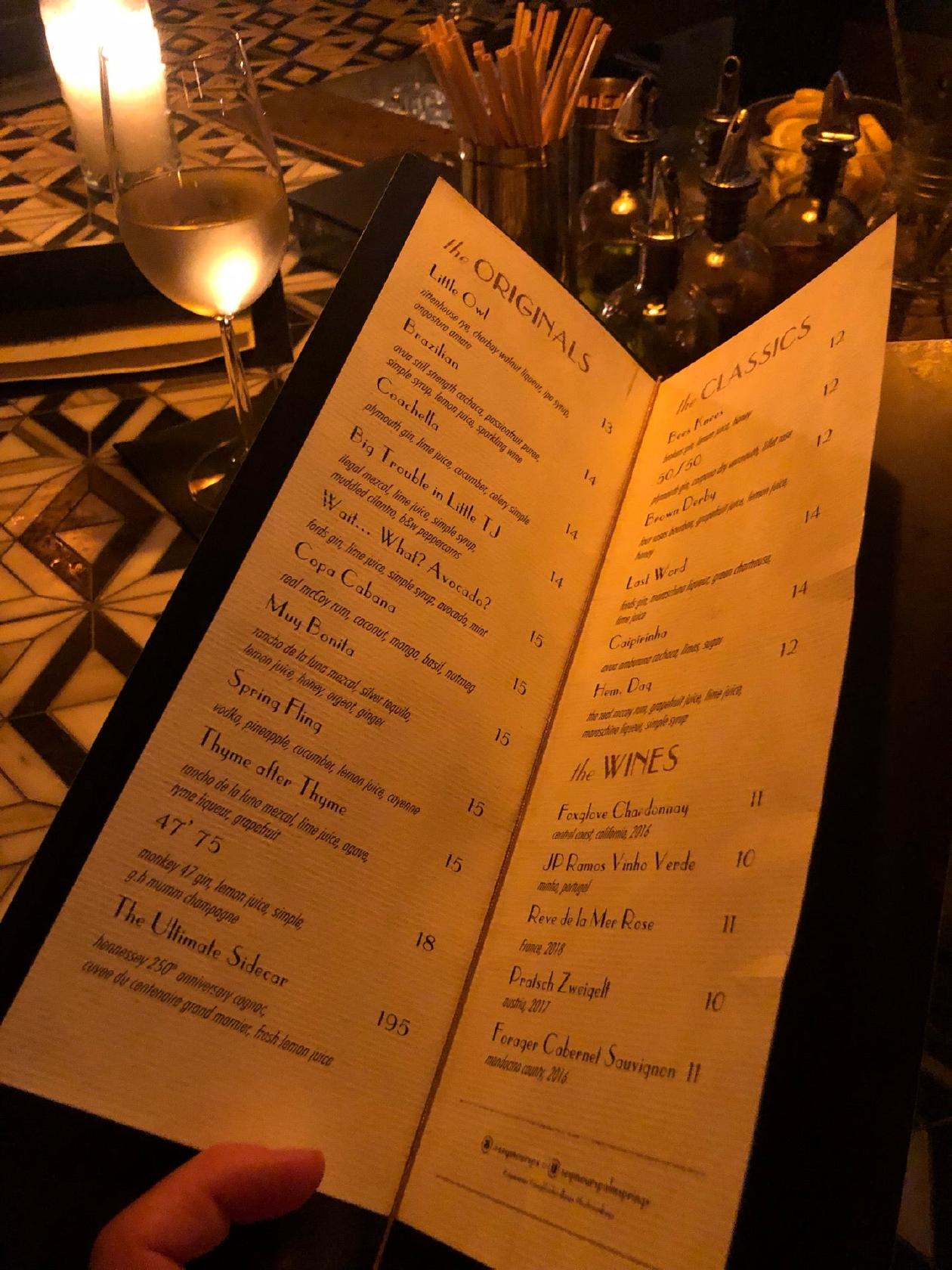 Menu at Seymour's pub & bar, Palm Springs