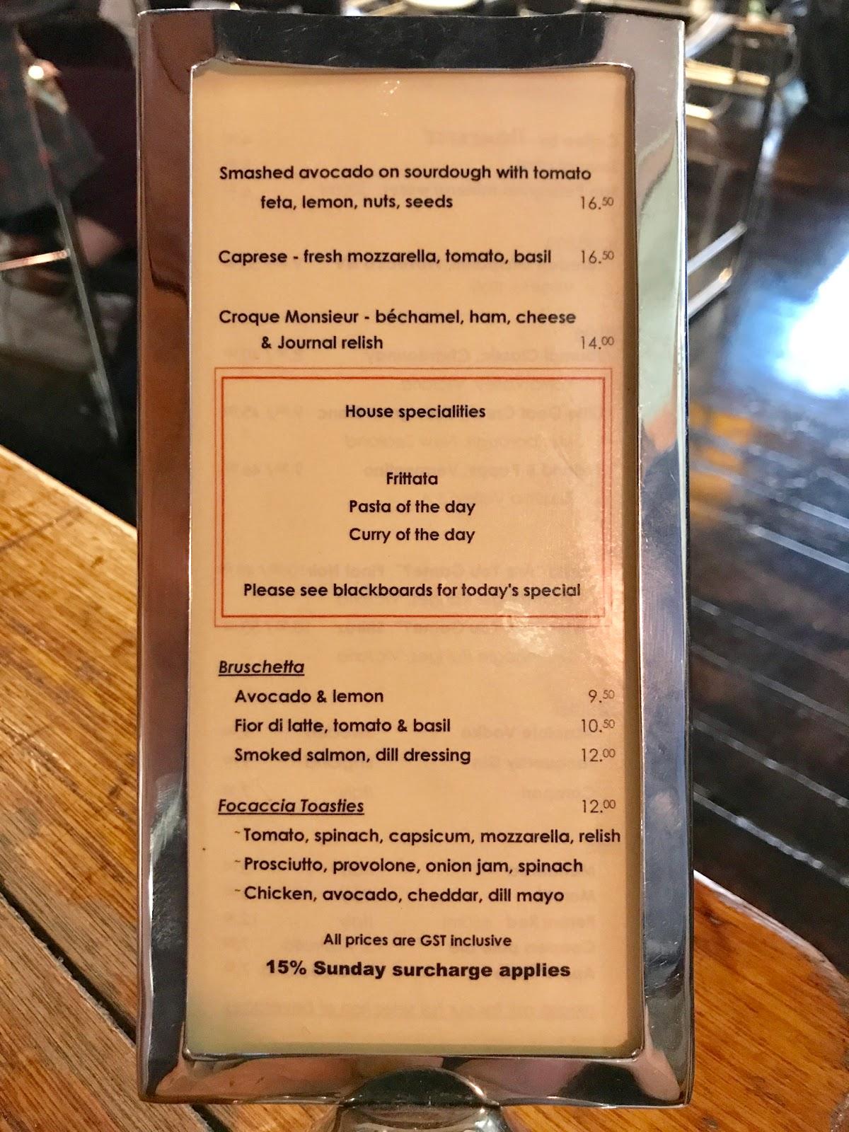 Menu at The Journal Cafe, Melbourne
