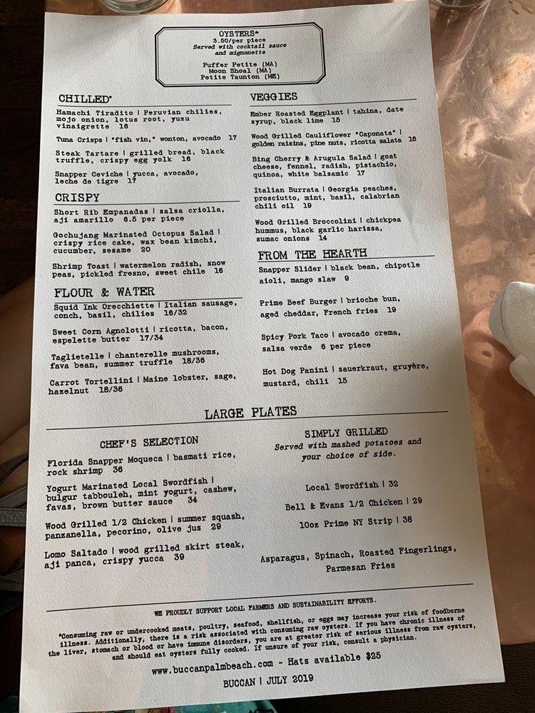 Menu at Buccan restaurant, Palm Beach