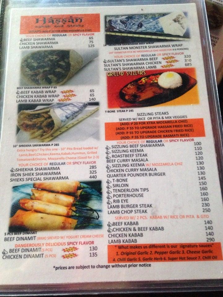 Menu at Hassan Kabab And Steaks Inc restaurant, Cainta