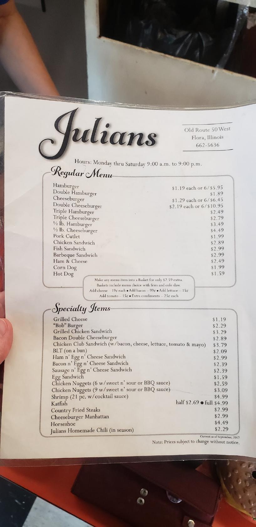 Menu at Julians Drive In fast food, Flora