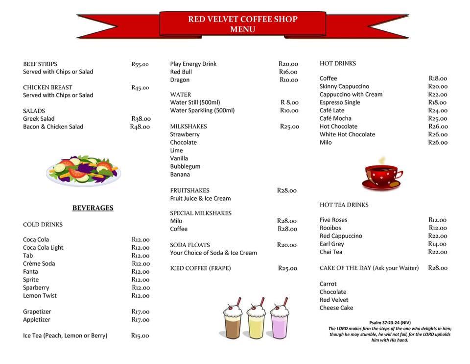 Speisekarte von Red Velvet Coffee Shop & Car Wash restaurant, Kriel