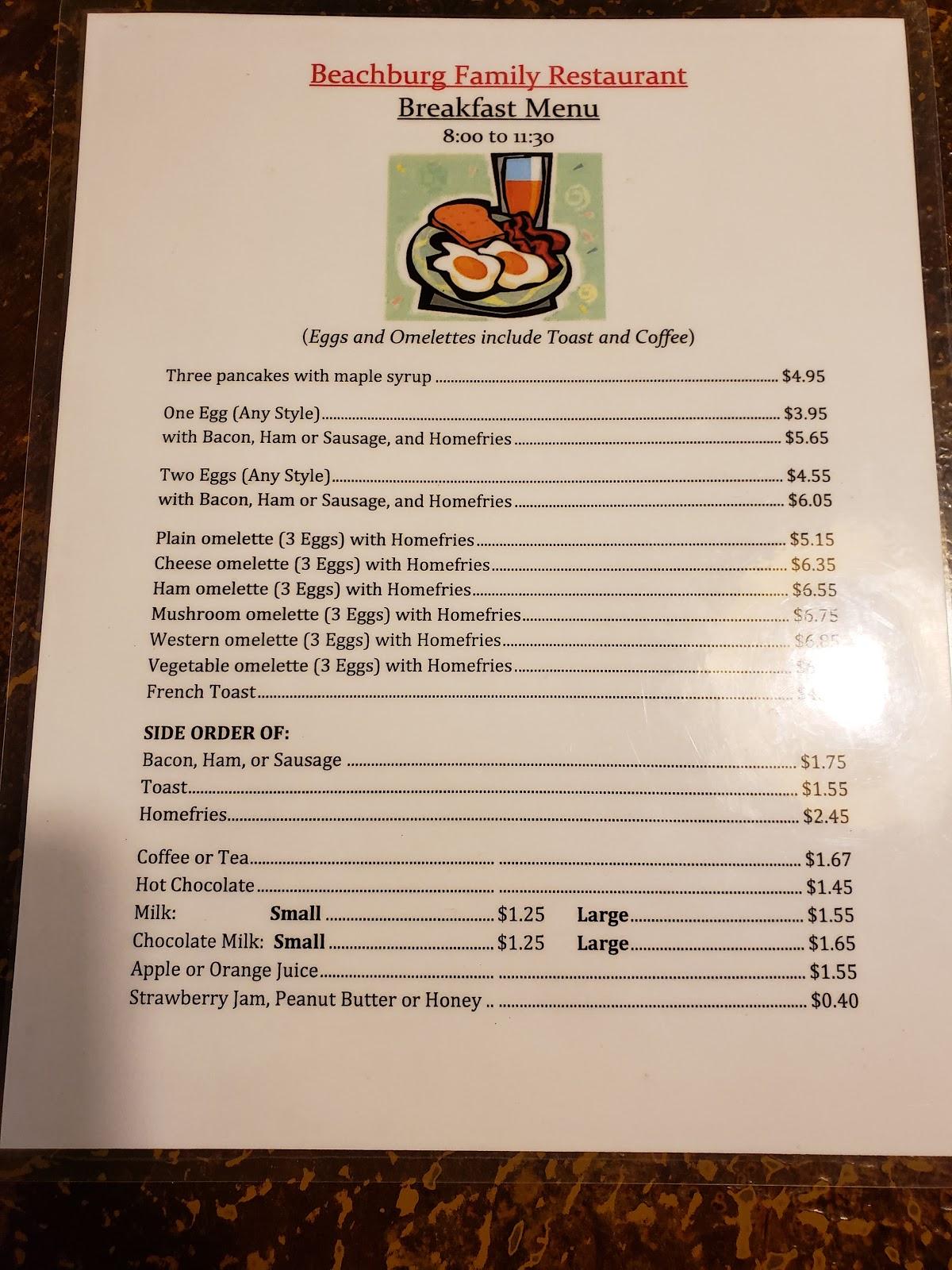 Menu at Beachburg Restaurant, Beachburg