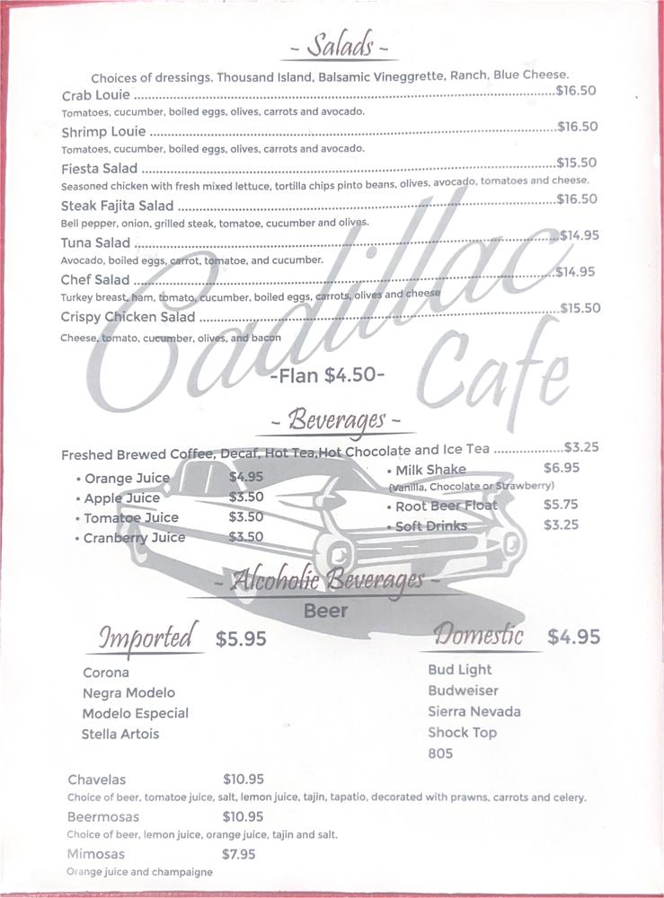 Menu at Cadillac Cafe, Watsonville