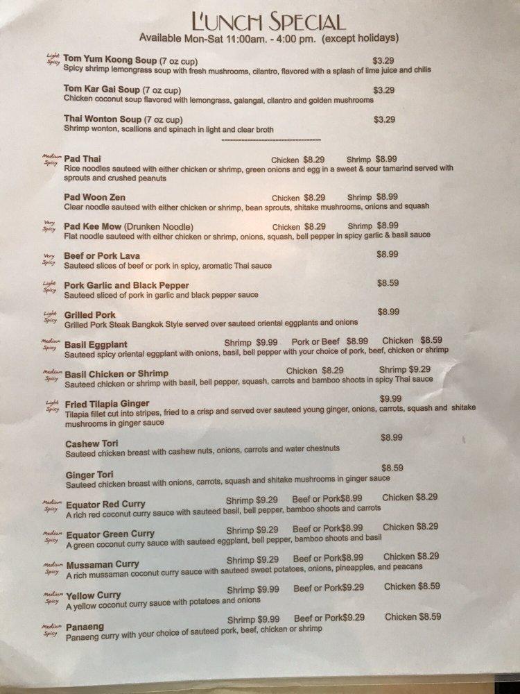 Menu at Café Equator Thai Cuisine restaurant, Metairie, Severn Ave