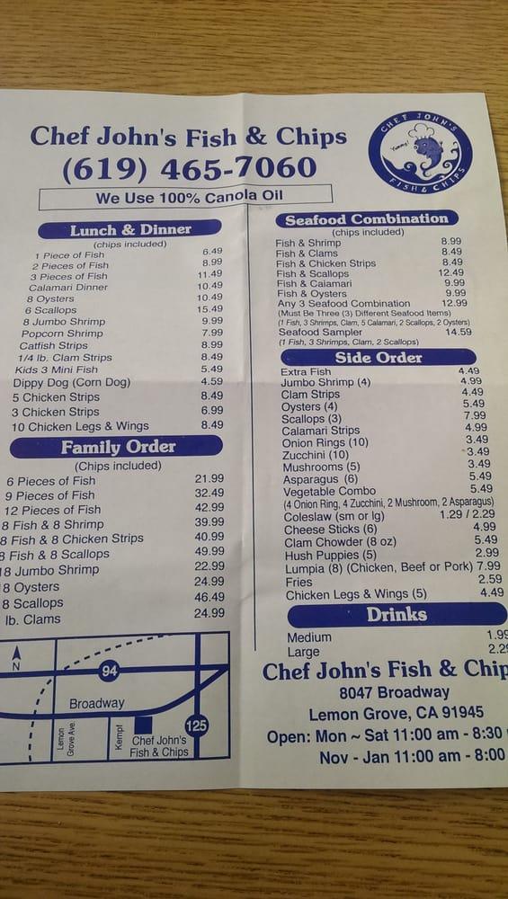 Menu at Chef John's Fish & Chips restaurant, Lemon Grove, Broadway