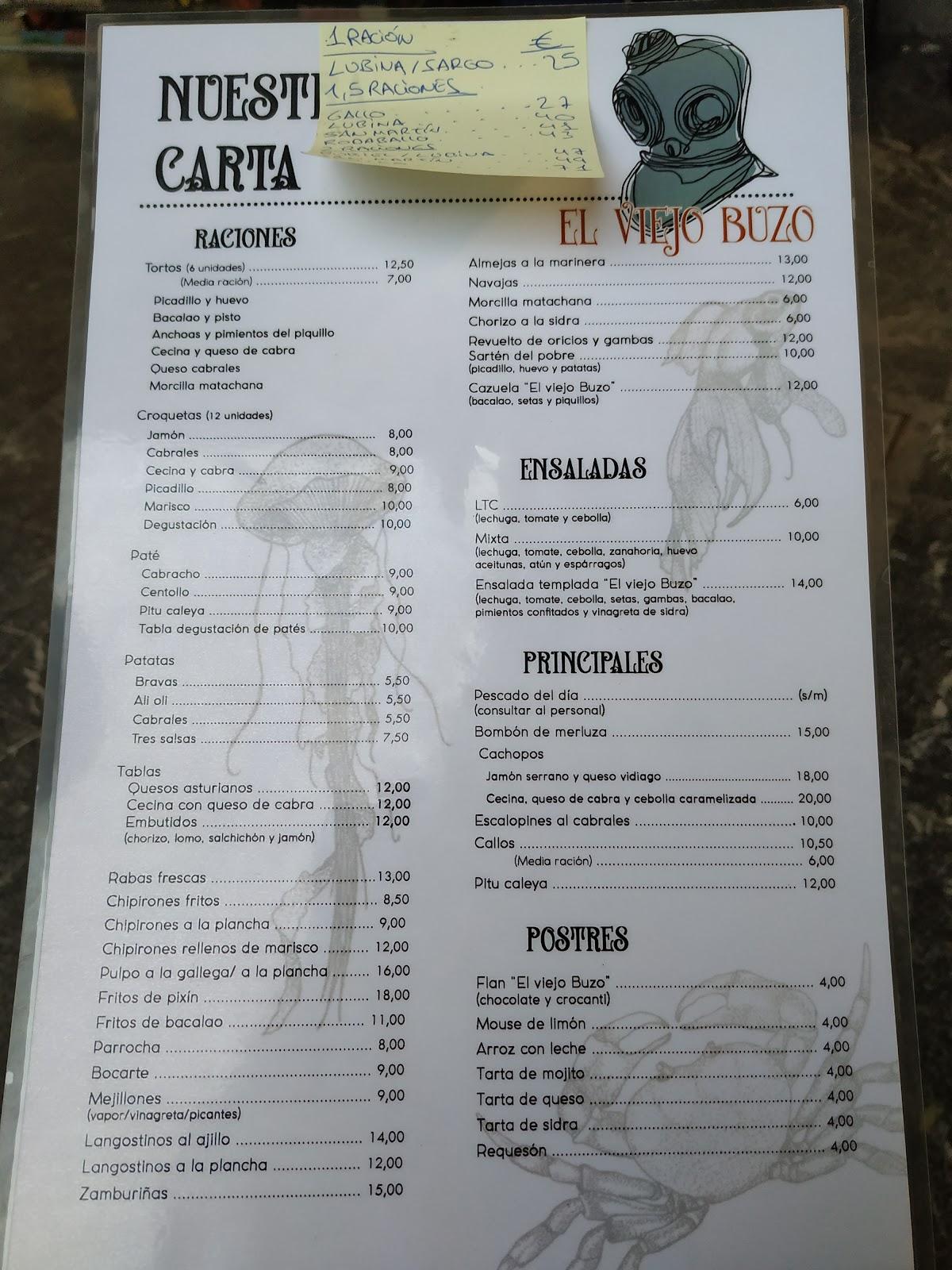 Menu at El Viejo Buzo restaurant, Cudillero