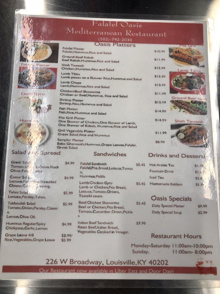 Menu at Falafel Oasis restaurant, Louisville, 226 W Broadway